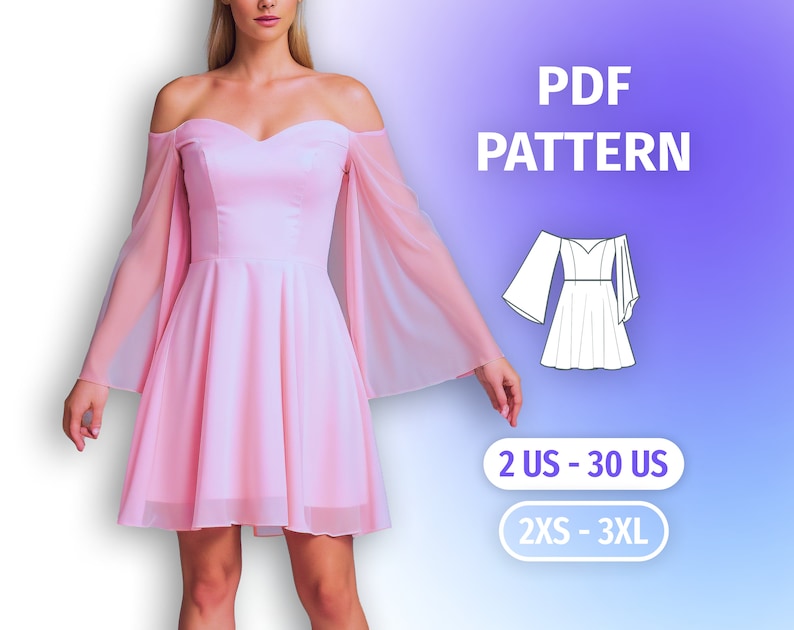 Off Shoulder Sweetheart Neck Dress Sewing Pattern, Modern Long Sleeve ...