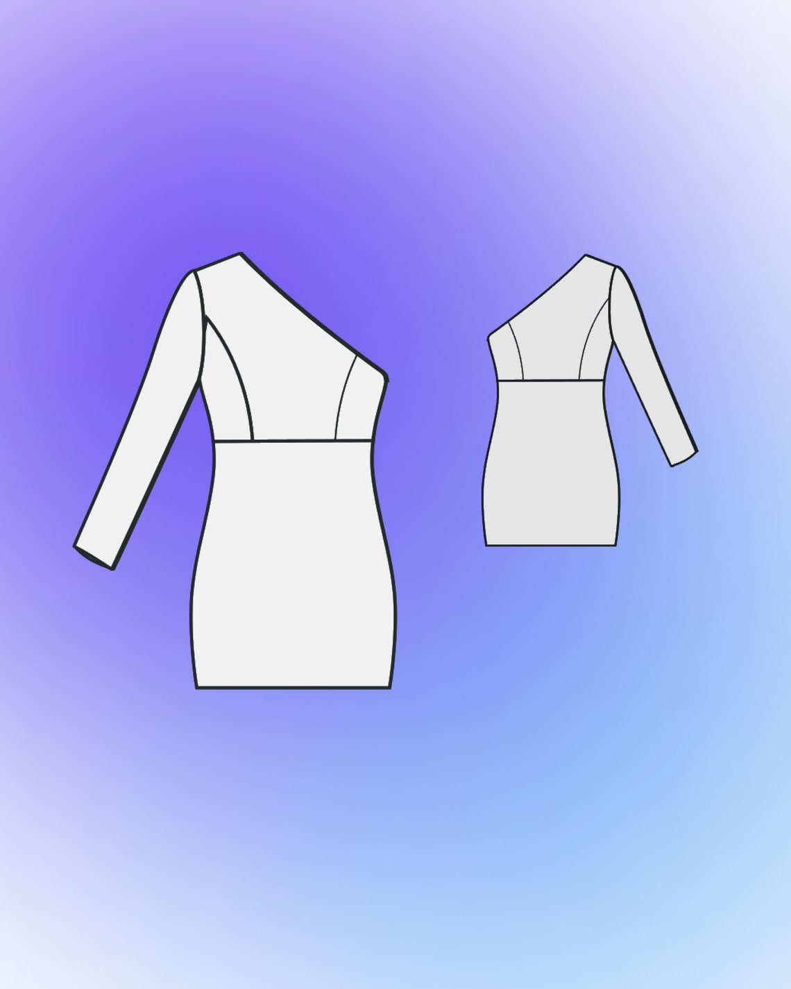 One Shoulder Dress Sewing Pattern | Formal Long Sleeve Dress Digital ...