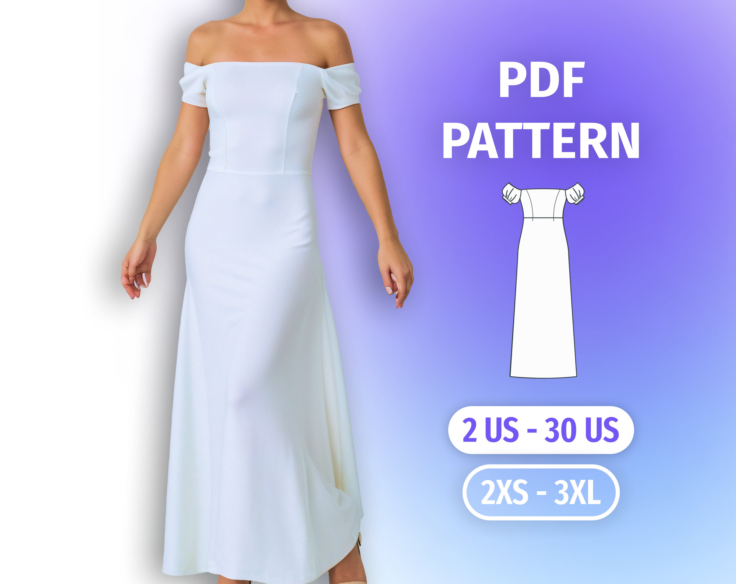 Off Shoulder Formal Dress Sewing Pattern • Evening Dress Sewing ...