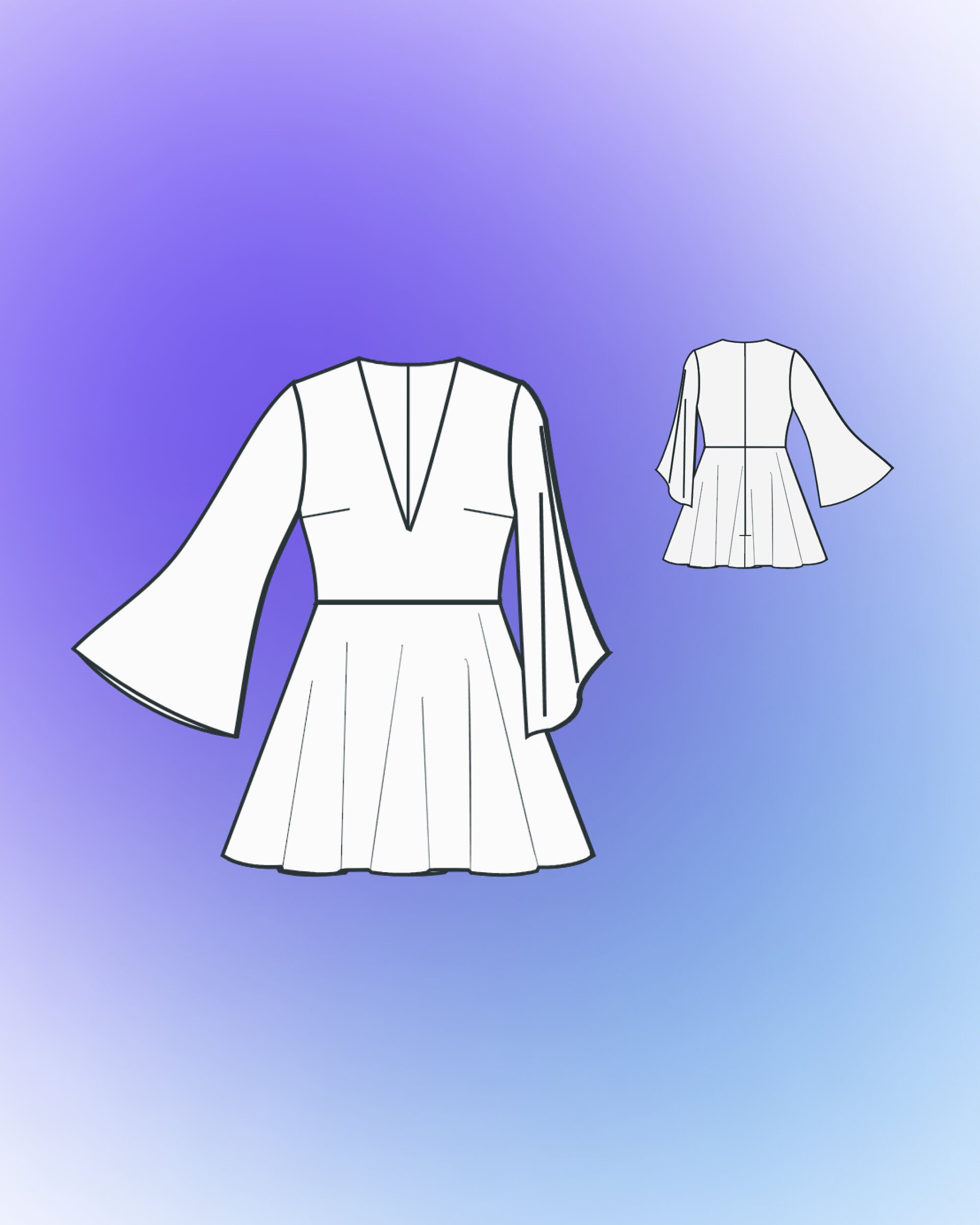 Elegant V Neck Dress Pattern Modern Evening Bell Sleeve Dress Sewing ...