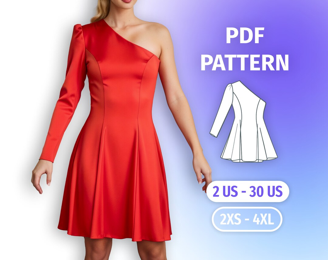 One-shoulder Dress Pattern, Puff Sleeve Flared Dress PDF Sewing Pattern ...