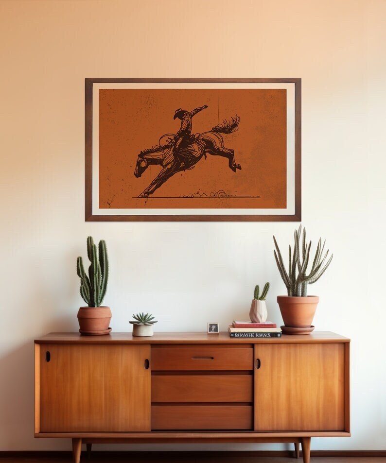 Cowboy Rodeo Wall Art Western Bucking Horse Print for Rustic Home Decor ...