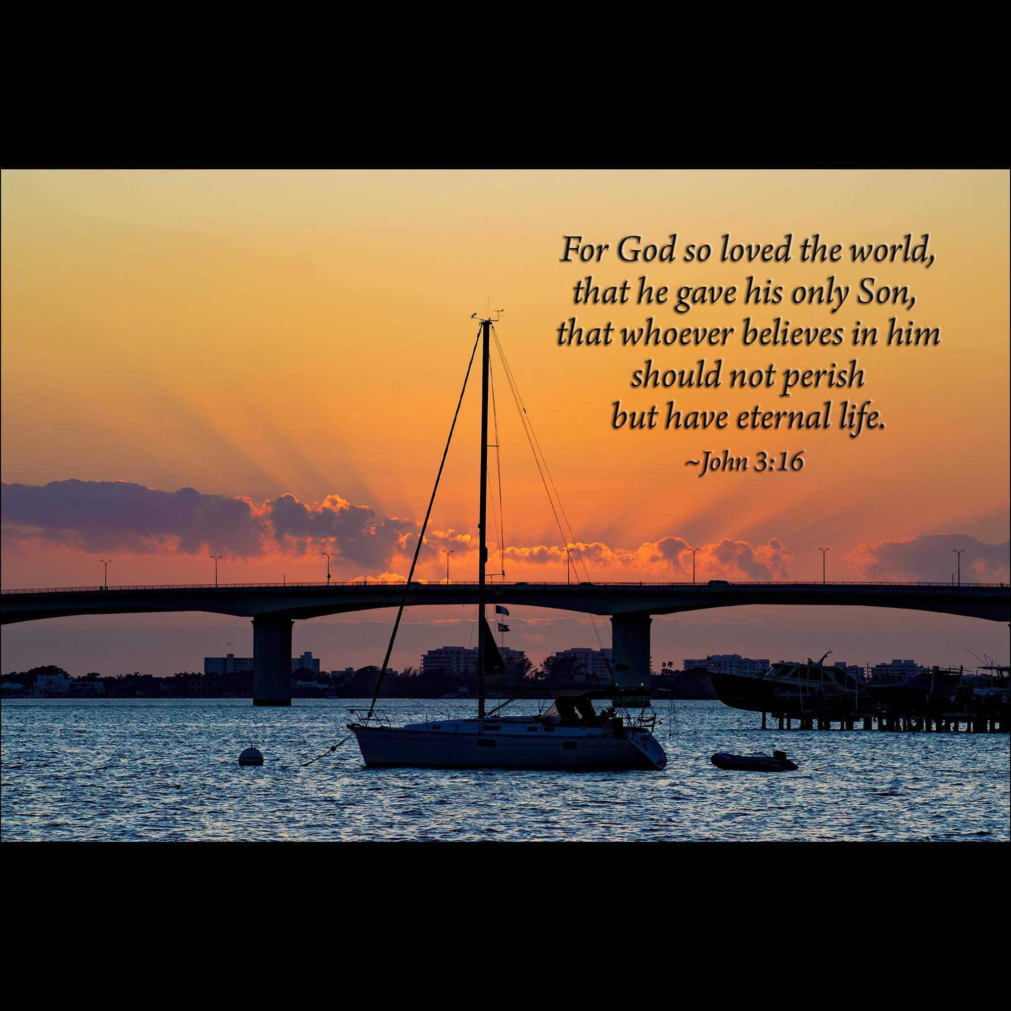 John 3:16 Bible Verse With Boat on Water at Sunset Photo, Scripture ...