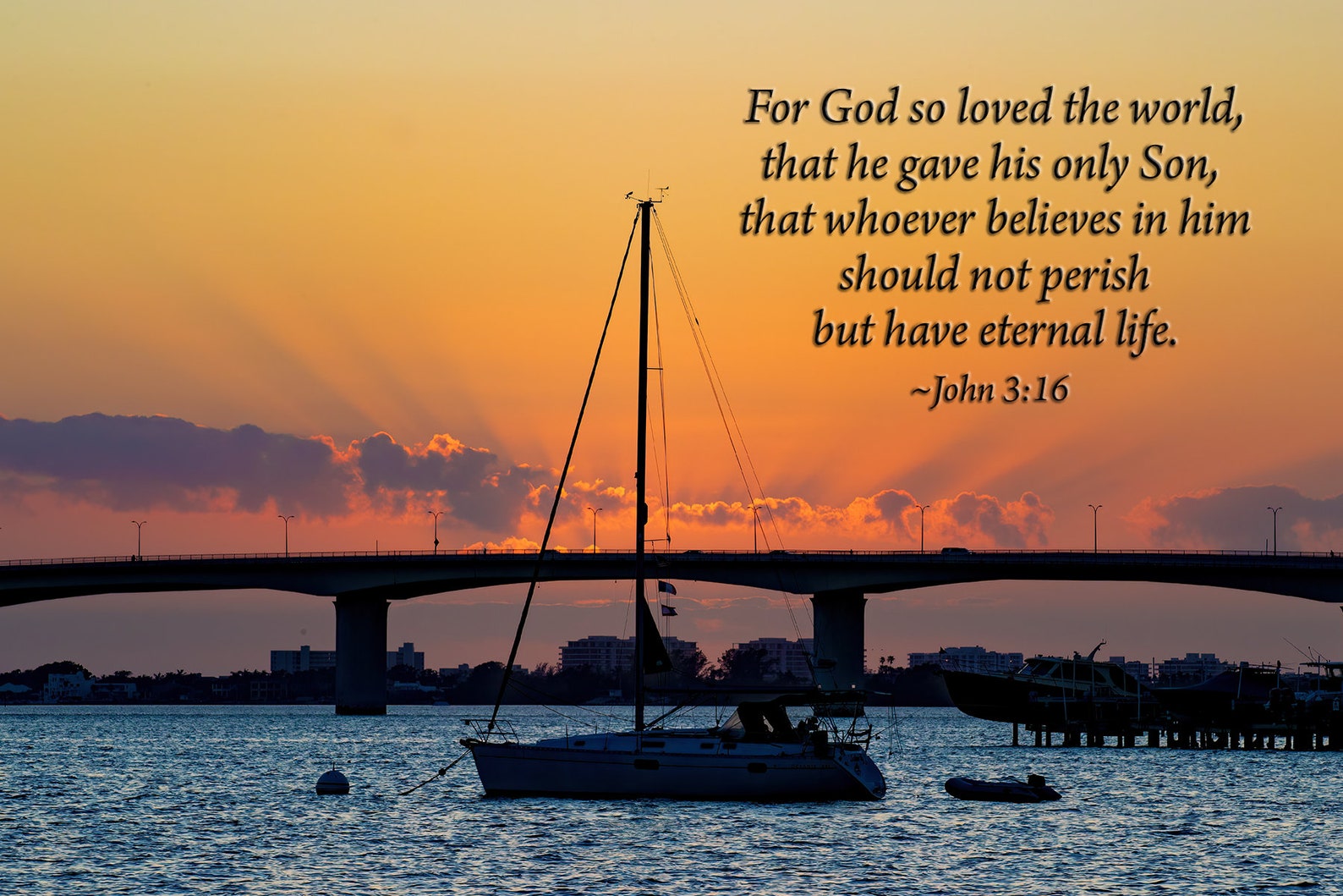 John 3:16 Bible Verse With Boat on Water at Sunset, Scripture Photo at ...