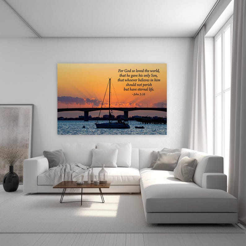 John 3:16 Bible Verse With Boat on Water at Sunset Photo, Scripture ...