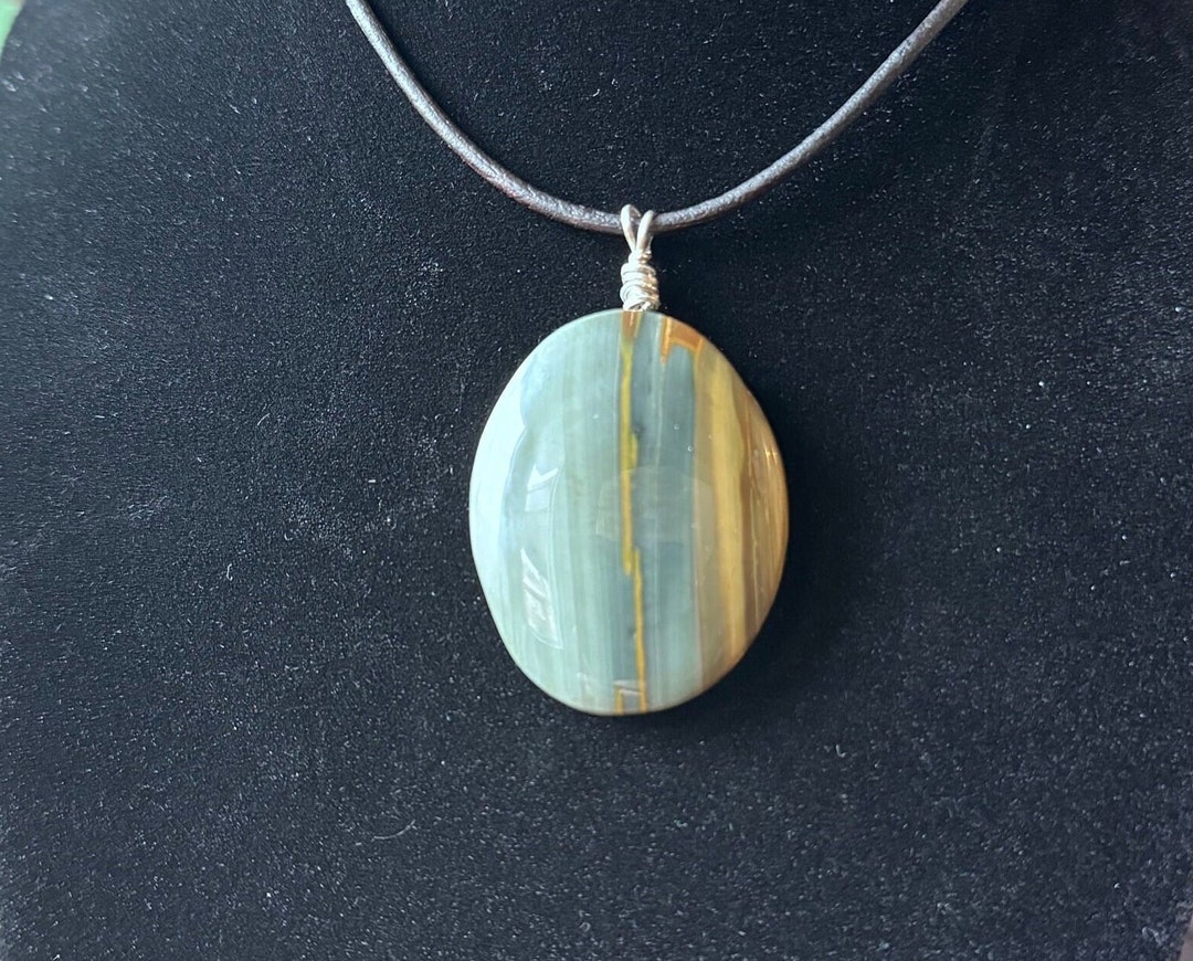 Jasper Stone Necklace, Grooved and Silver Wire Wrapped Cabochon Pendant ...