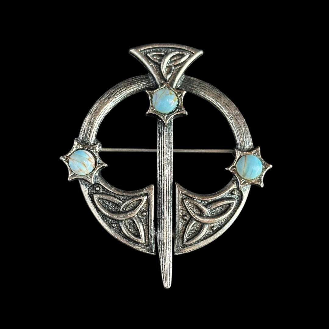 Vintage Celtic Tara Brooch With Turquoise Art Glass | Silver Tone ...