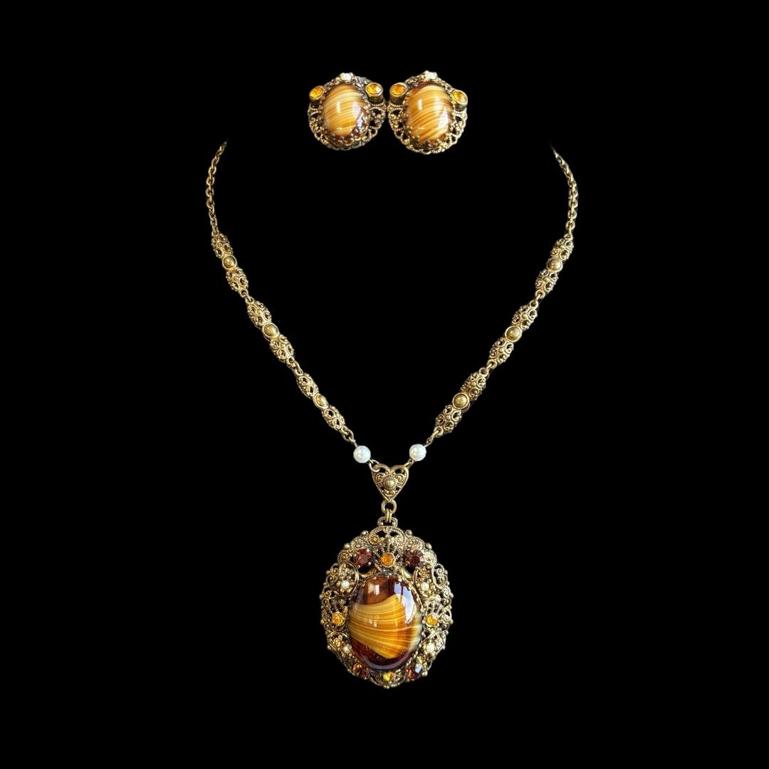 Vintage Western Germany Brown Porphyry Glass, Faux Pearl, and ...