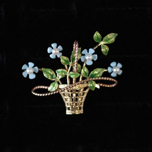 Vintage KREMENTZ Forget Me Not Basket Pearl Enamel Gold Filled Brooch ...