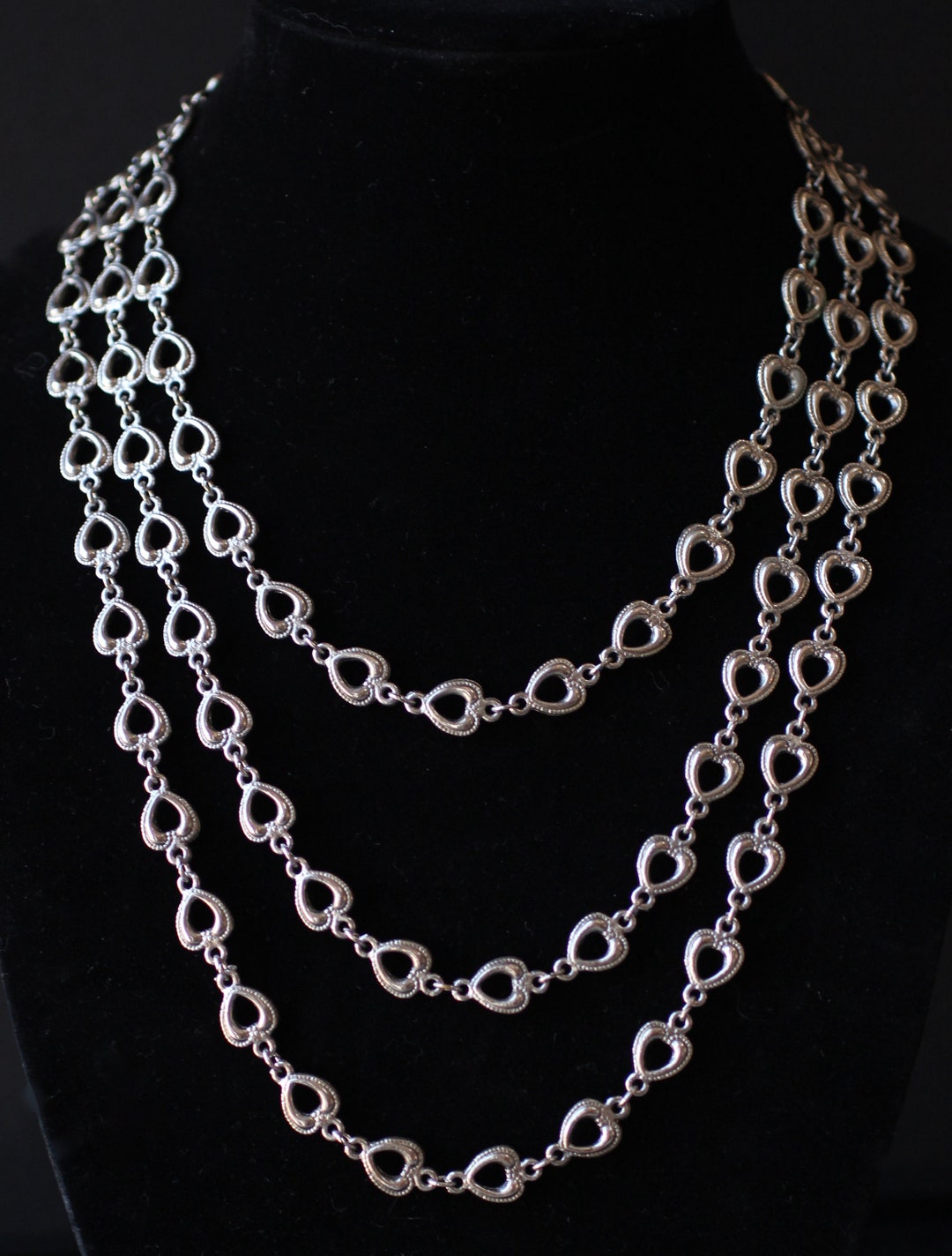 Vintage Multi-strand Heart Link Chain Necklace Three Strands, Silver ...