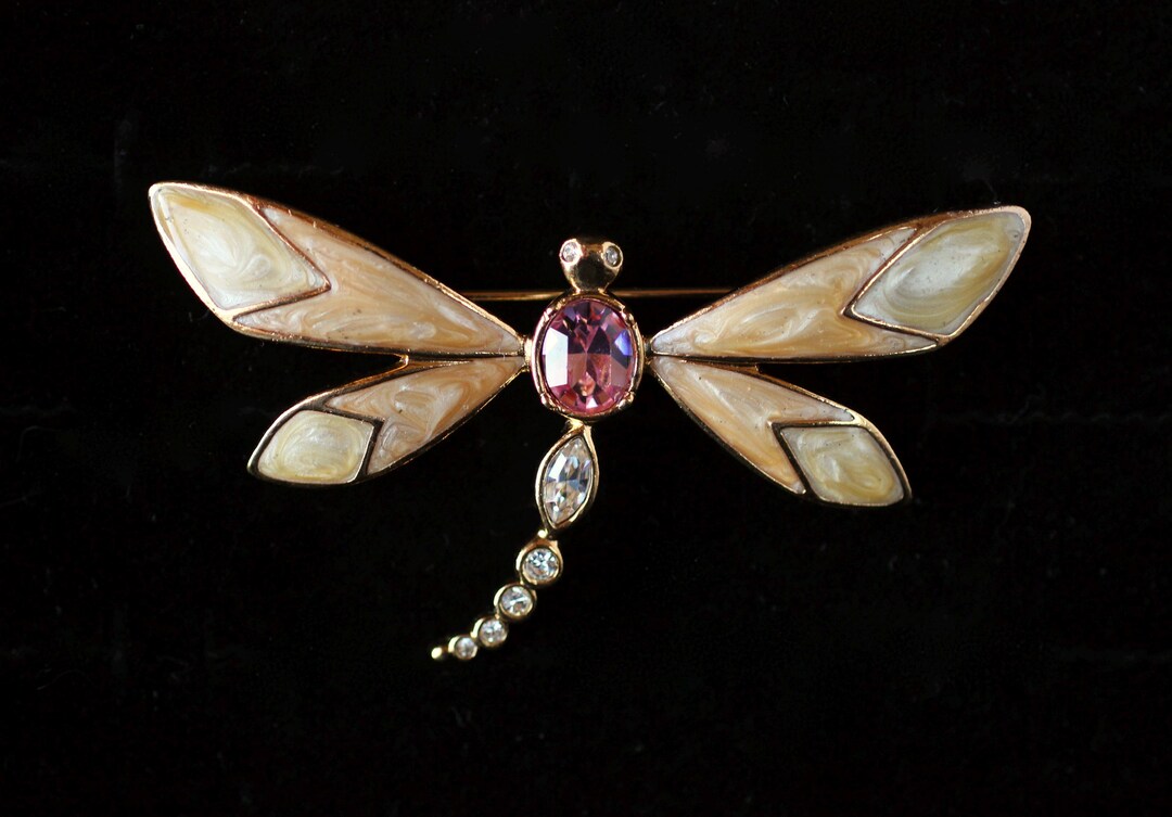 Vintage Kenneth Jay Lane KJL for Avon Cream Enamel Rhinestone Dragonfly ...