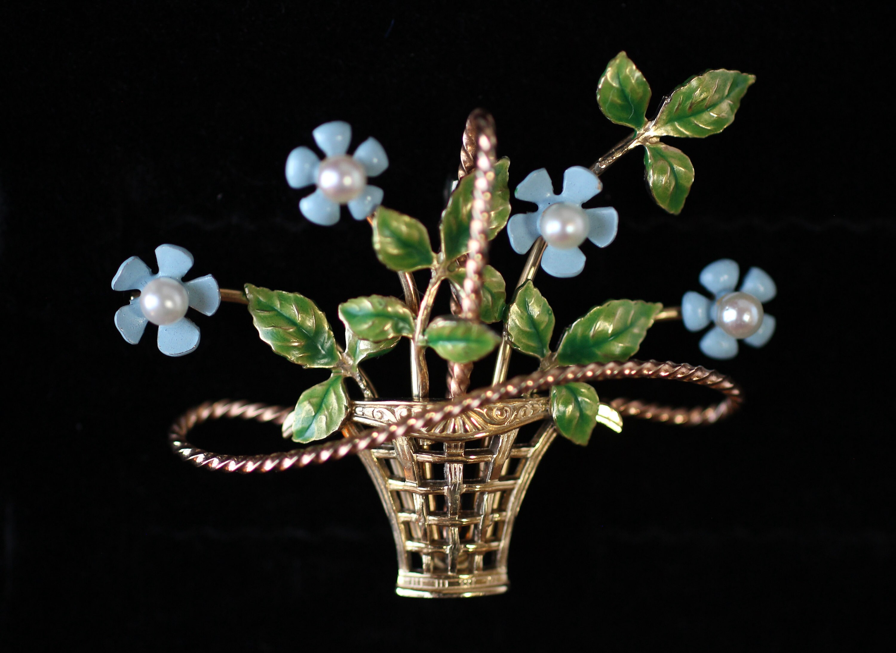 Vintage KREMENTZ Forget Me Not Basket Pearl Enamel Gold Filled Brooch ...