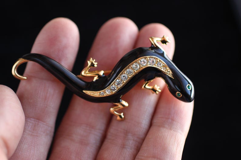 Vintage Signed Avon Lizard Brooch With Black Enamel and Rhinestones - Etsy