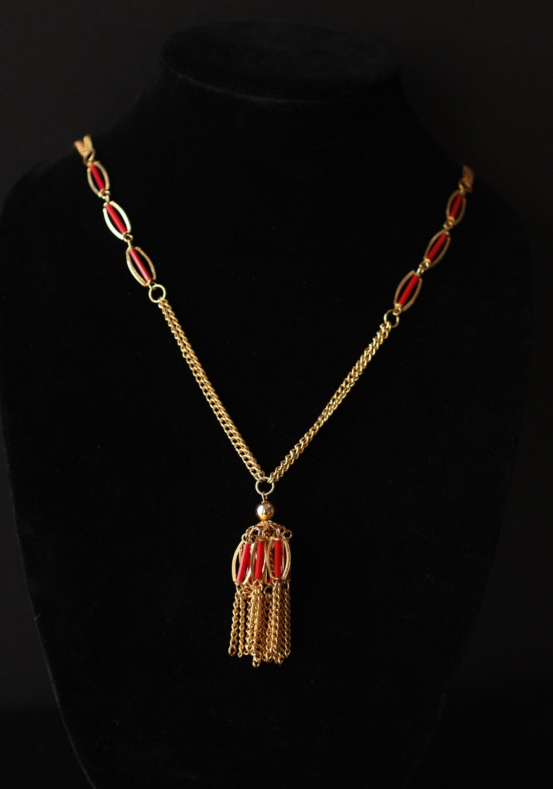 Vintage Gold Tone Tassel Necklace With Red Bugle Beads 28 Inches - Etsy