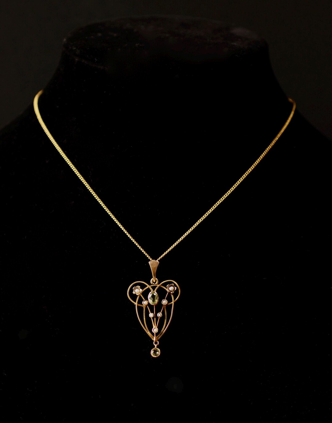 Antique Edwardian 9ct Gold Lavaliere Necklace: Peridot & Seed Pearl ...
