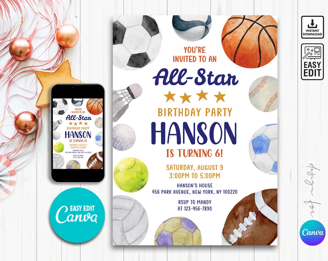 All Star Sports Birthday Invitation Party Invitation Sports - Etsy