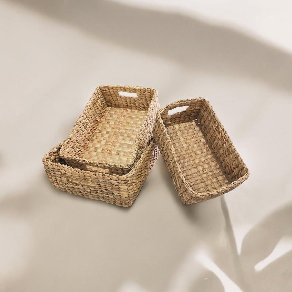 Woven Water Hyacinth Basket Set: Rectangle Storage Baskets With Handles ...