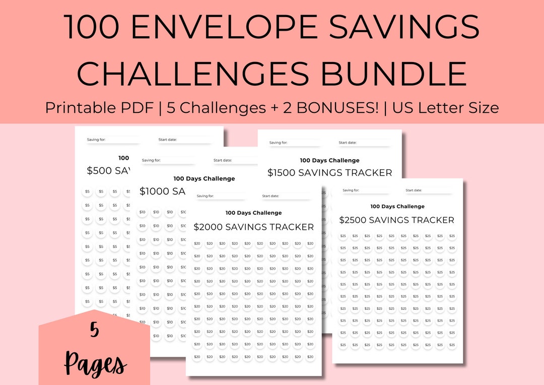 100 Envelope Savings Challenge 500, 1000, 1500, 2000 and 2500 Savings ...