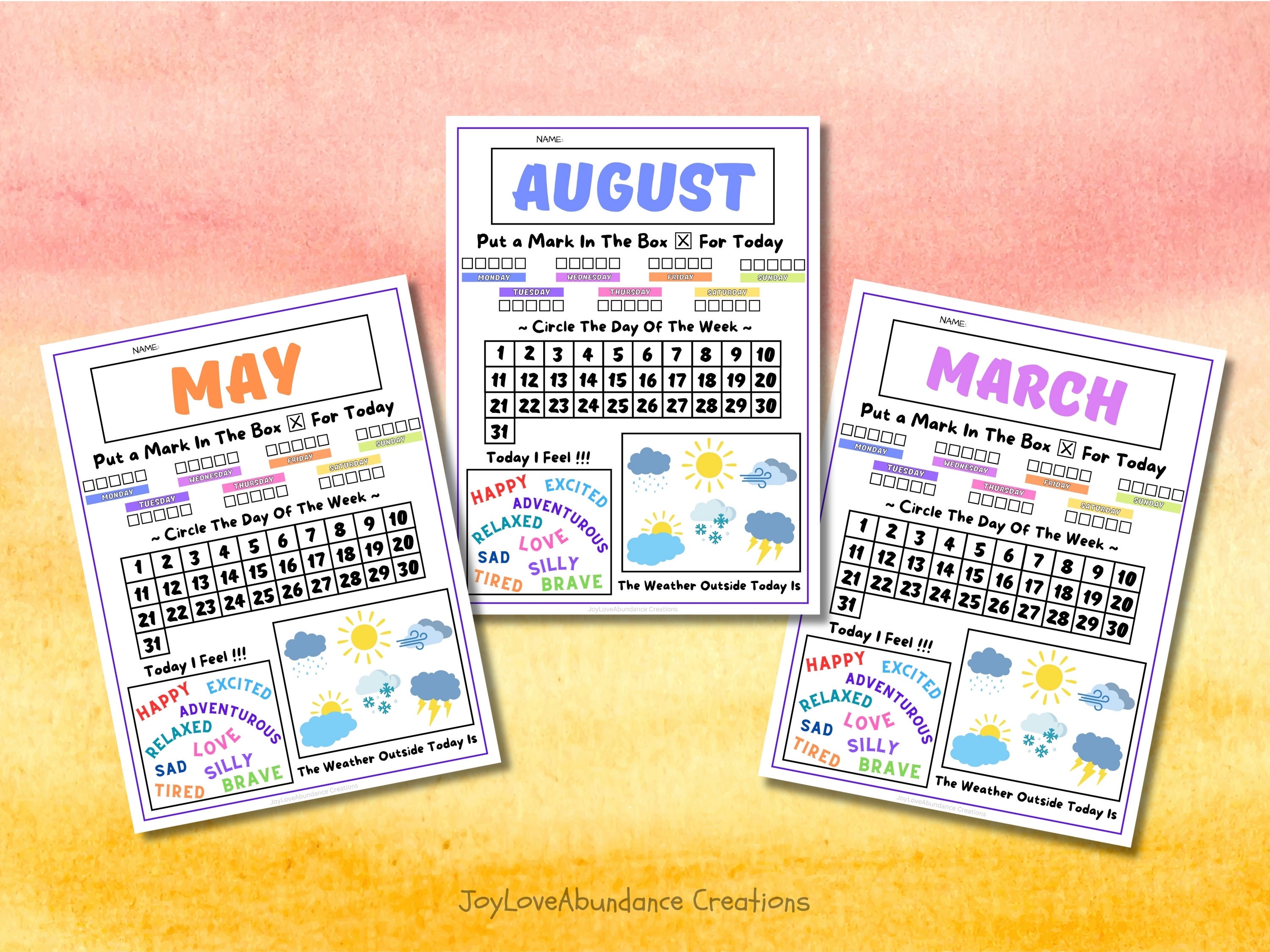 12 Month Printable Preschool Calendar Worksheet Pages, Month, Day, Date ...