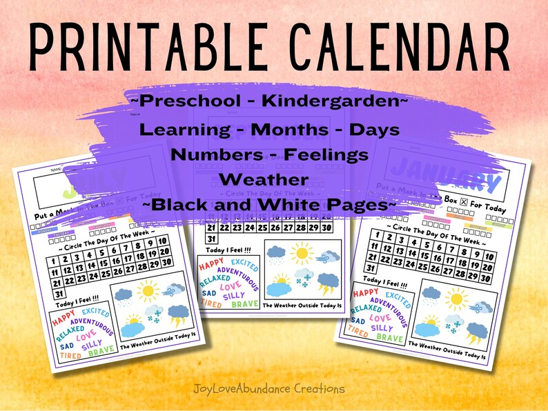 12 Month Printable Preschool Calendar Worksheet Pages, Month, Day, Date ...