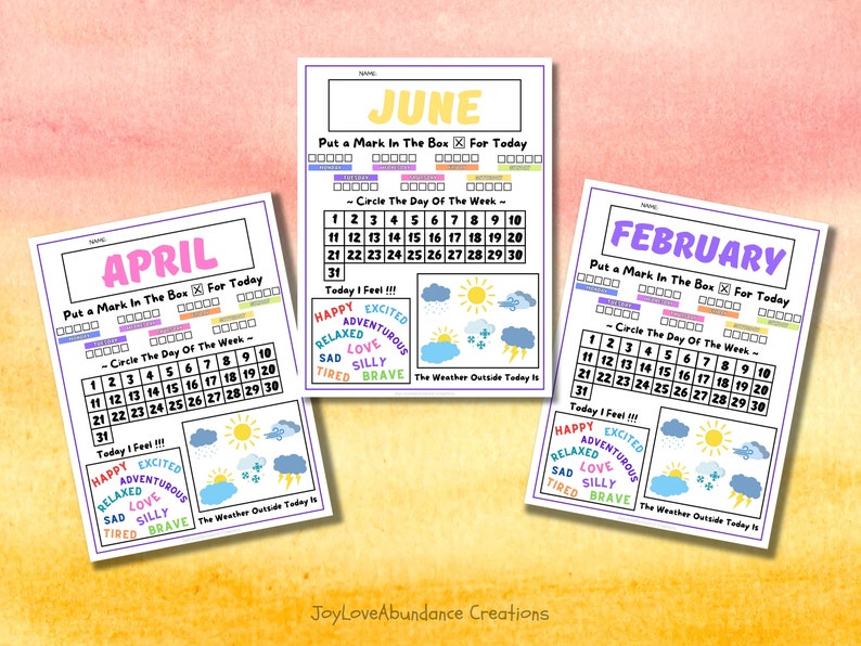 12 Month Printable Preschool Calendar Worksheet Pages, Month, Day, Date ...