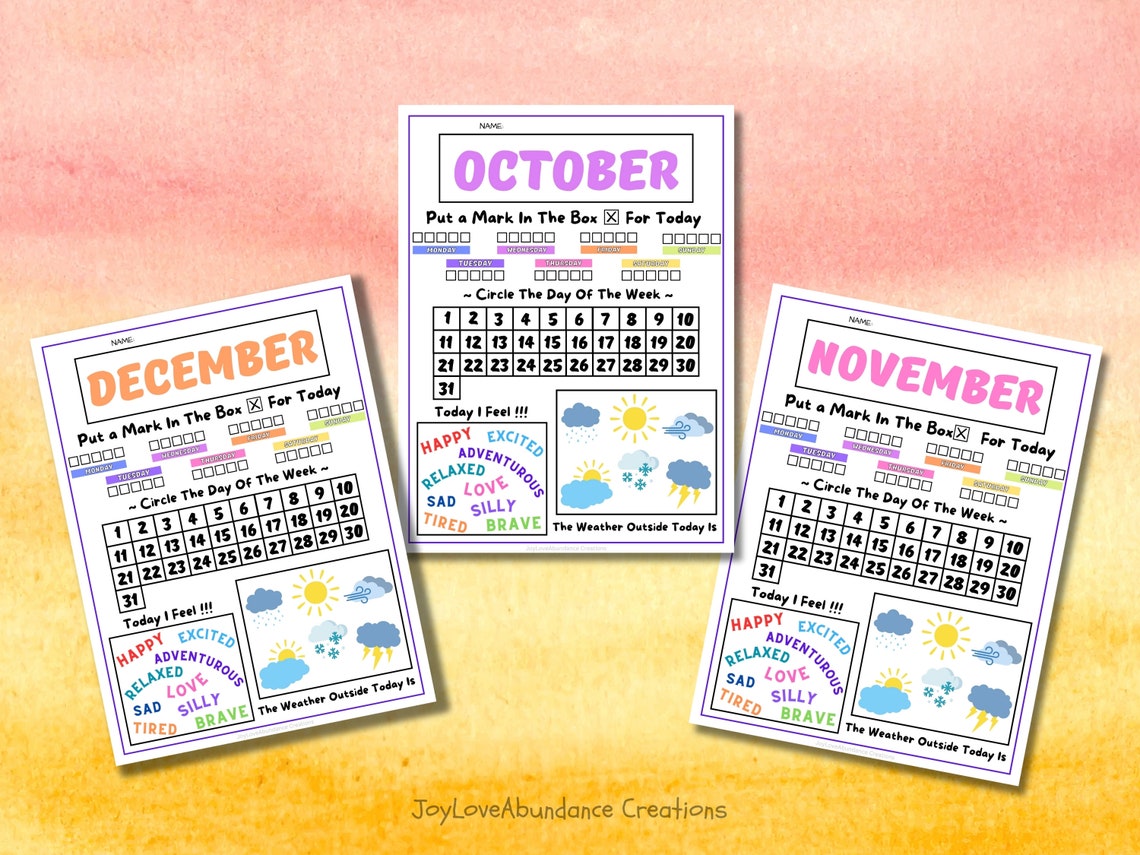 12 Month Printable Preschool Calendar Worksheet Pages, Month, Day, Date ...