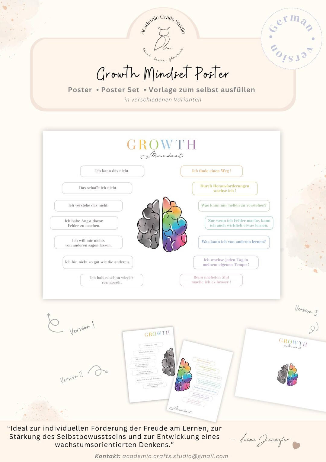 Growth Mindset Poster (GER) • Digital • Ready to Print AND Template for ...