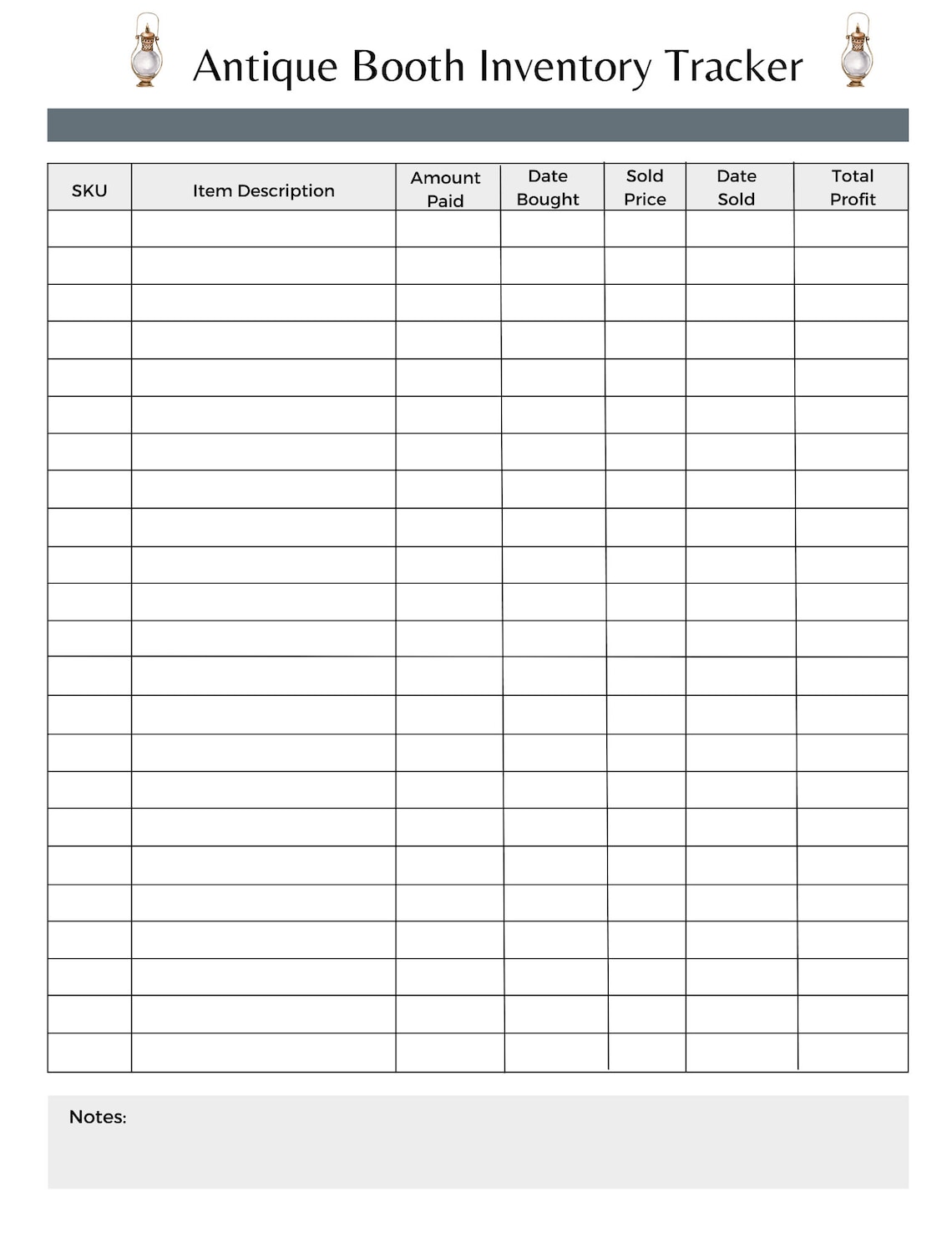 Antique Booth Inventory Tracker Printable PDF, Vintage Inventory ...