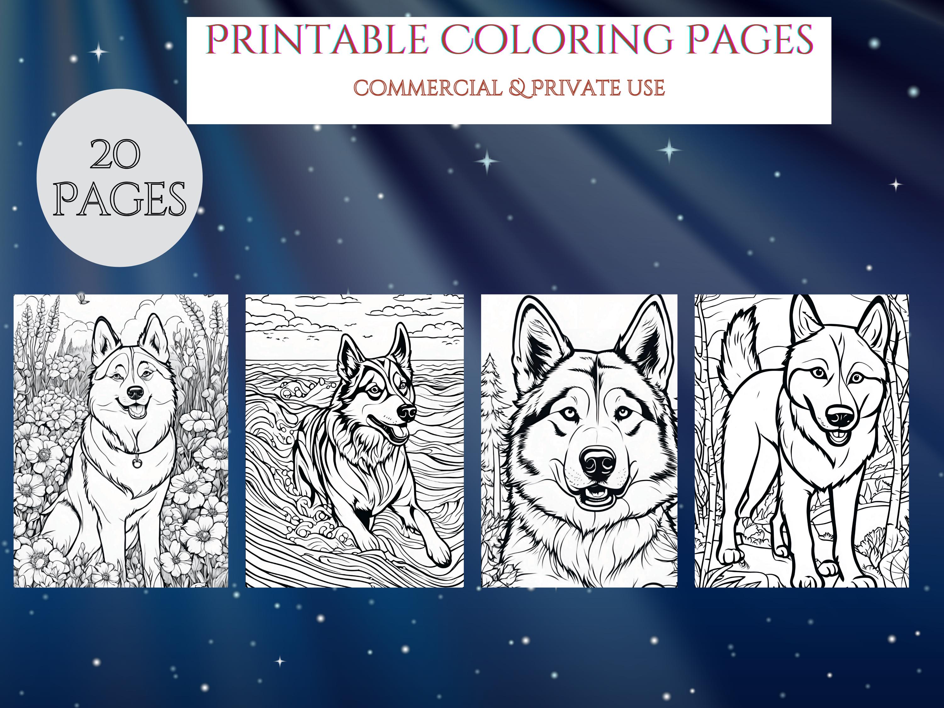 Siberian Husky Dogs Coloring Book, 20 Pages of Cute Husky Dogs ...