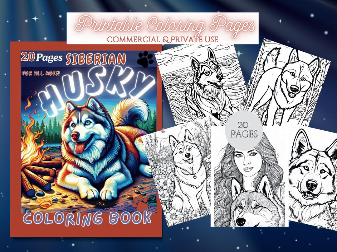 Siberian Husky Dogs Coloring Book, 20 Pages of Cute Husky Dogs ...