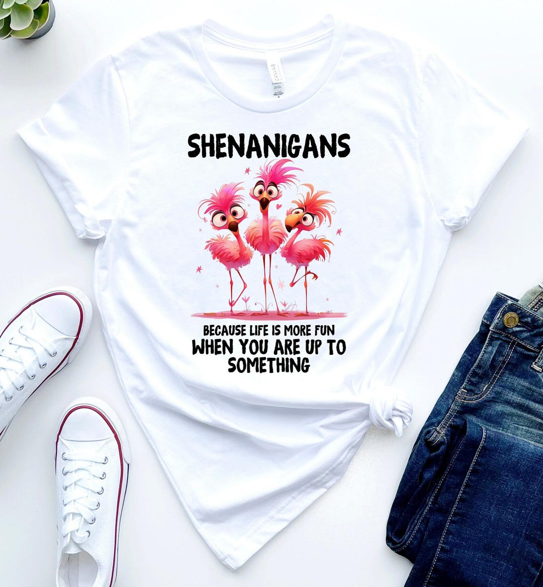 Funny 'shenanigans' Tee | Three Flamingos - Quirky Shirt for Humor ...