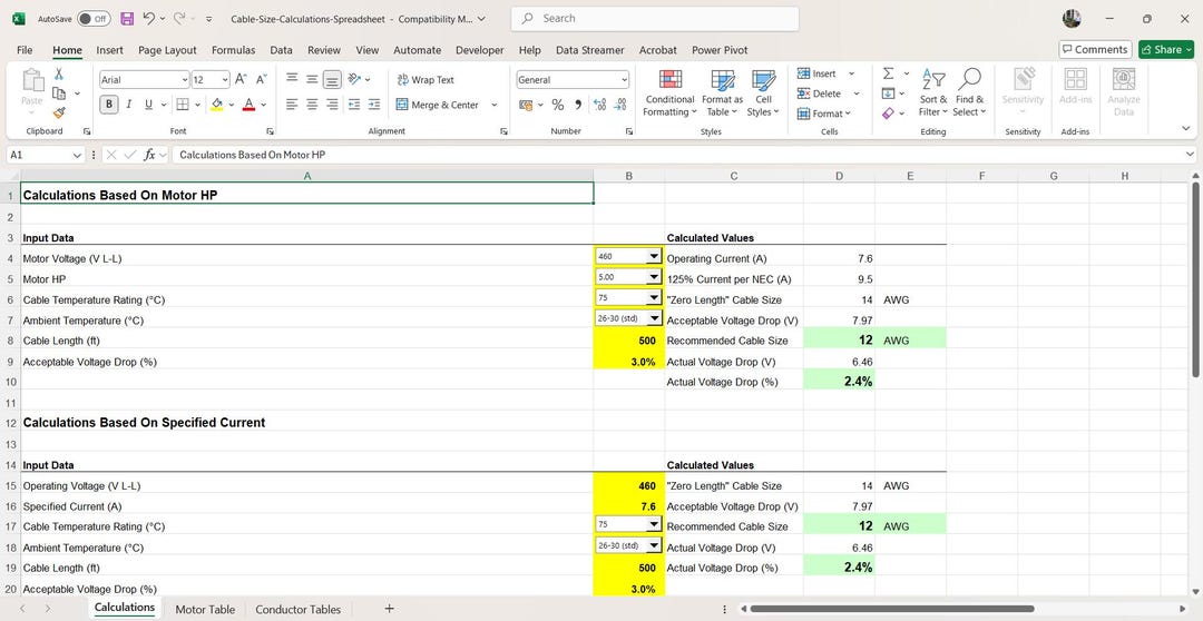 Cable Size Calculations | Motor Table | Conductor Table | Spreadsheet ...