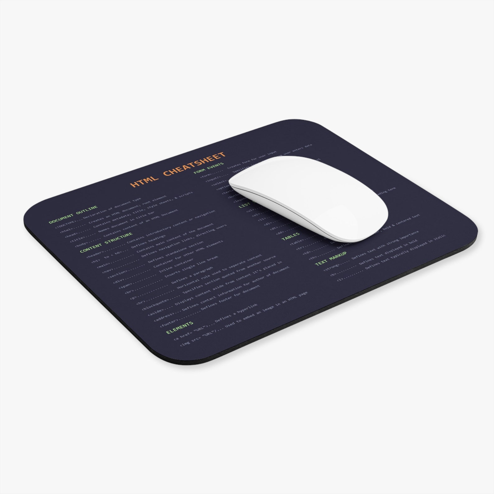 HTML Cheatsheet Mouse Pad - Web Developer Desk Accessory - Programming Reference Mat - Coding ...