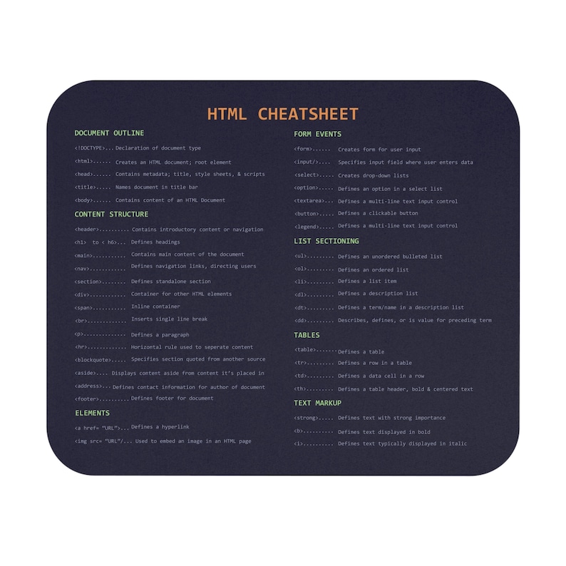 HTML Cheatsheet Mouse Pad - Web Developer Desk Accessory - Programming ...