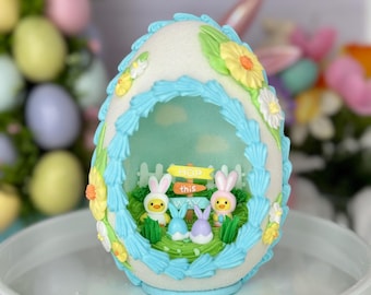Sugar Bunnies in Large Panoramic Sugar Egg for Easter Basket, Nostalgic Gift, Hollow Easter Egg ...
