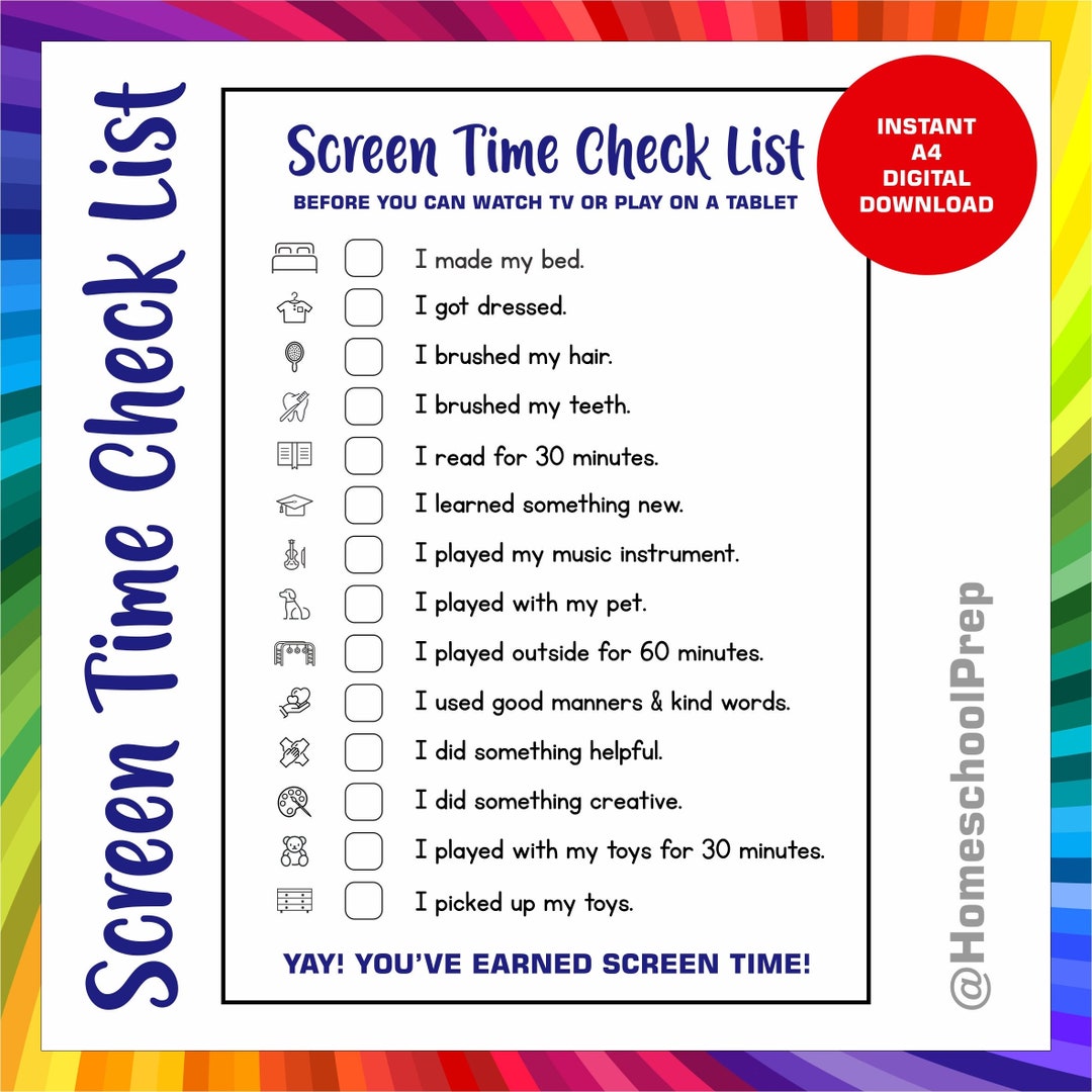Screen Time Check List, Chart Print, Educational PRINTABLE Wall Art ...