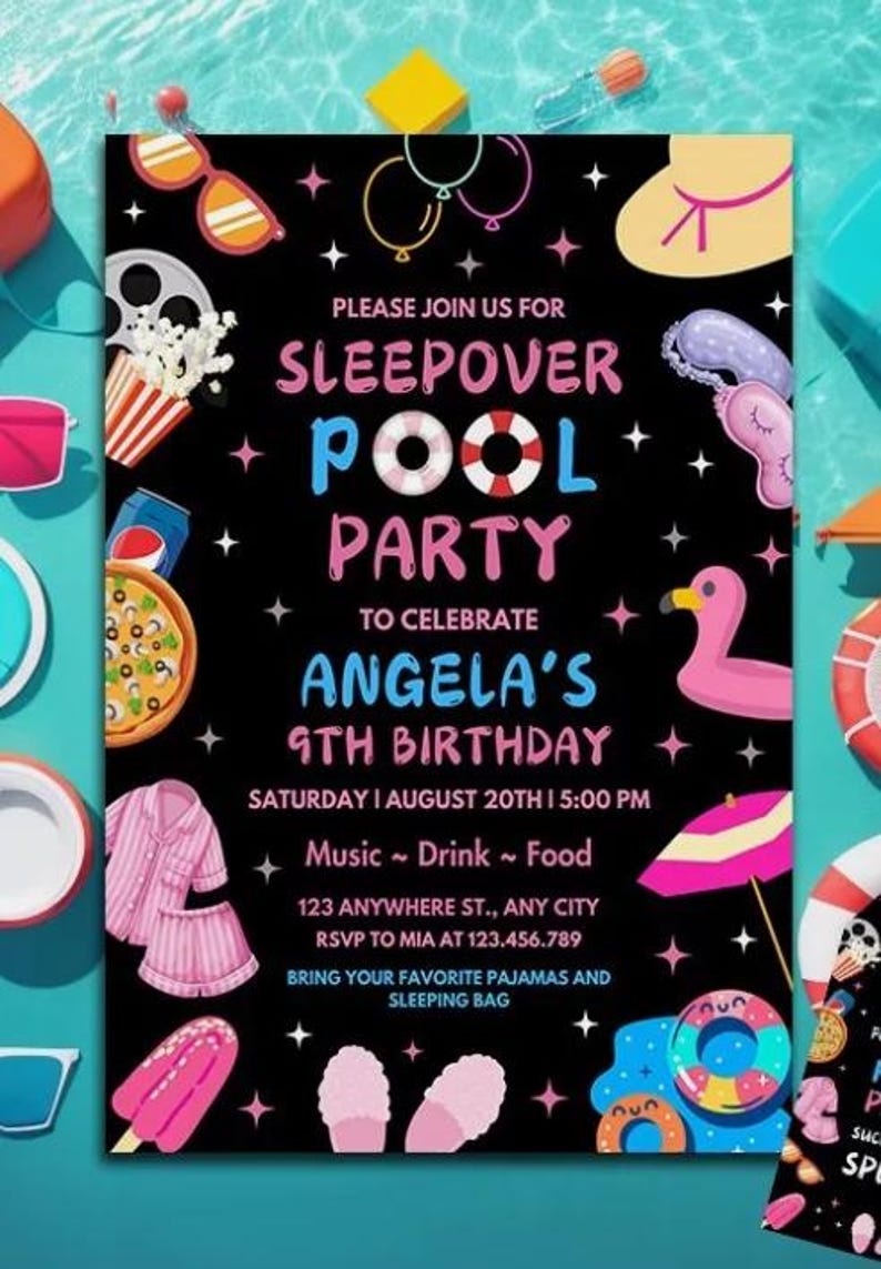 EDITABLE Pool Party Template, Sleepover Swim Pool Party Birthday Fun ...