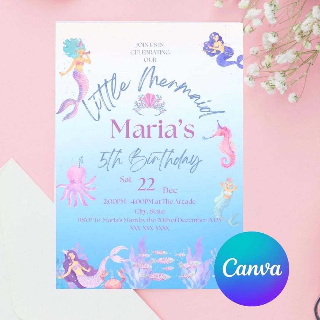 Editable Mermaid Birthday Invitation Under the Sea Birthday Invite ...