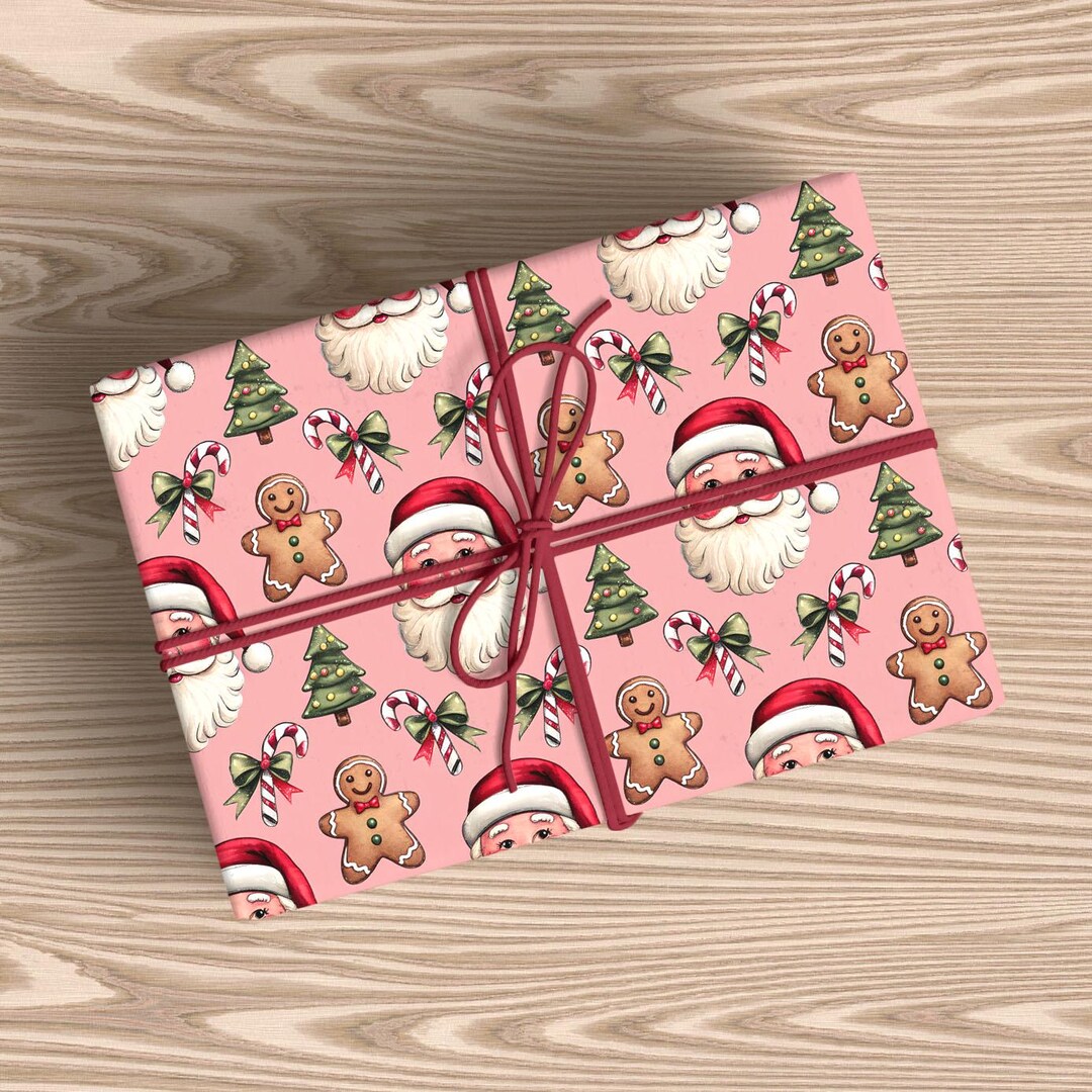 Santa and Gingerbread Holiday Wrapping Paper Tree and Candy Cane Gift ...