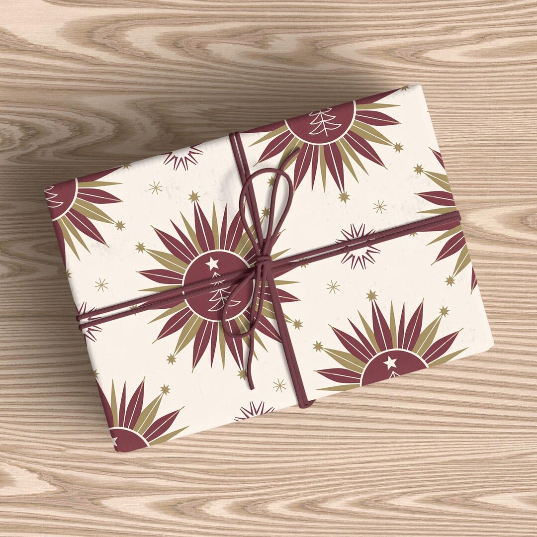 Burgundy Sunburst Tree Wrapping Paper Charming and Retro Gift Wrap ...