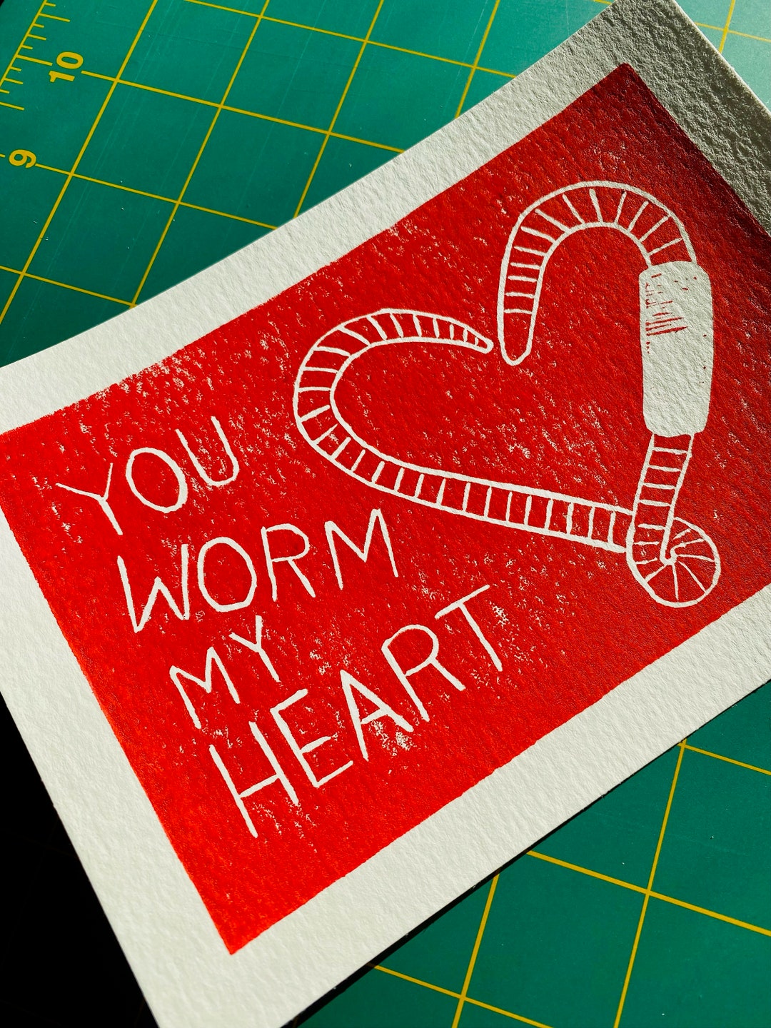 Valentine Worm Love Linocut Funny Handmade Valentine's Day Heart ...