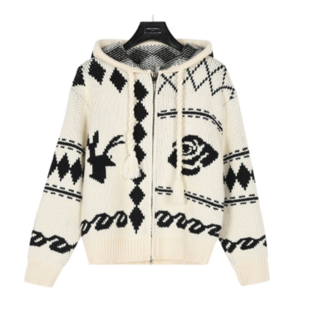 Loewe/luo Yiwei Wool Contrast Rose Elk Jacquard Retro Sweater Jacket ...