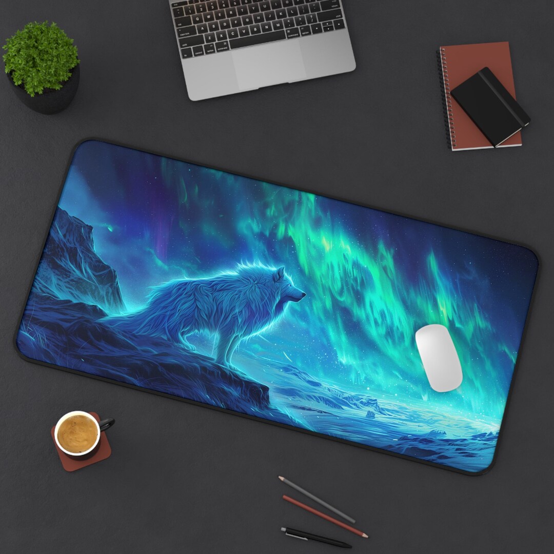 Aurora Wolf Desk Mat, Northern Lights Winter Mouse Pad, Arctic Wolf ...