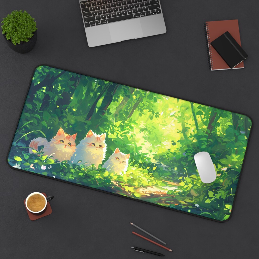 Cute Cats Desk Mat, Kawaii Feline Mouse Pad, Lush Greenery Desk Pad ...