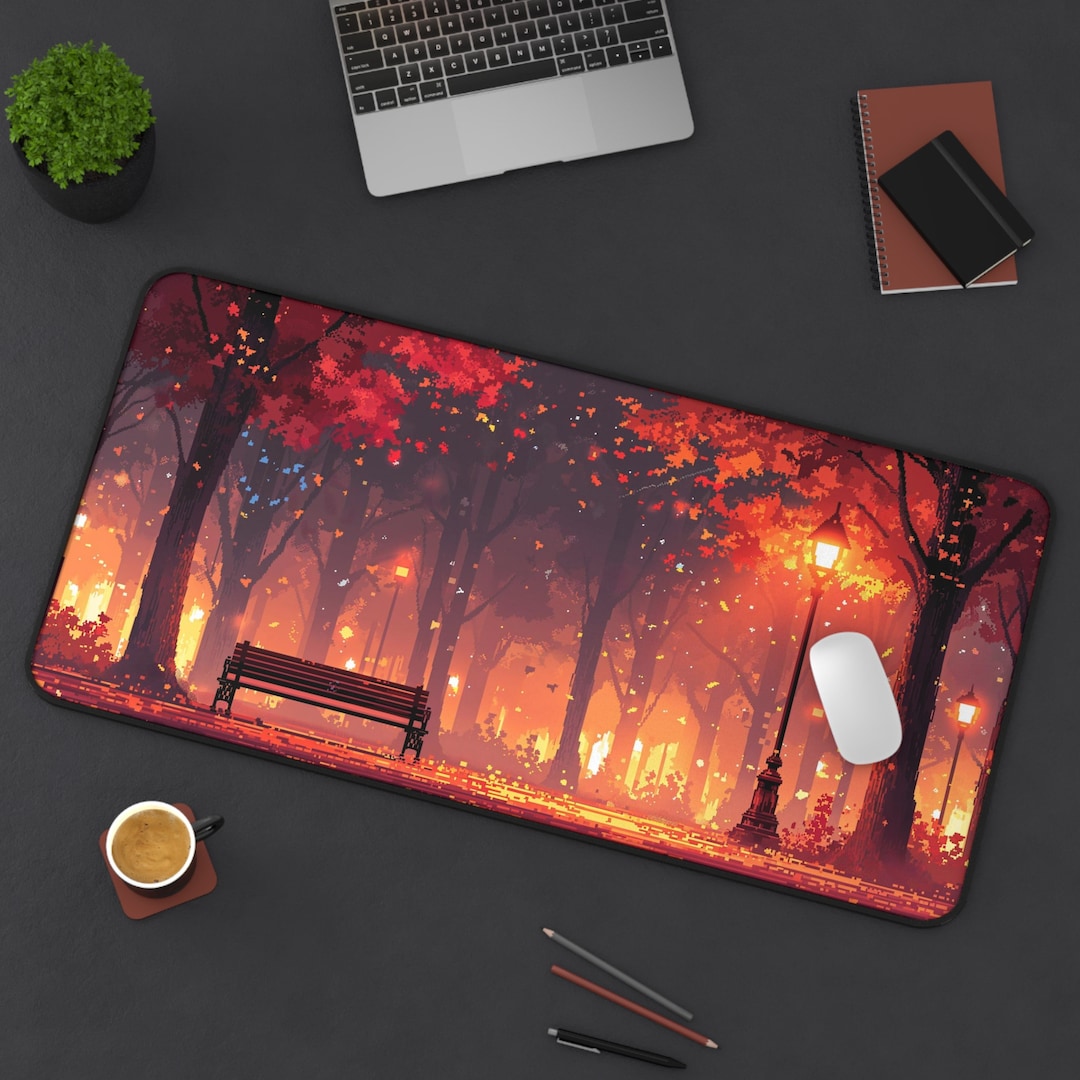 Pixel Art Autumn Desk Mat, Lofi Aesthetic Park Mouse Pad, 8 Bit Retro ...