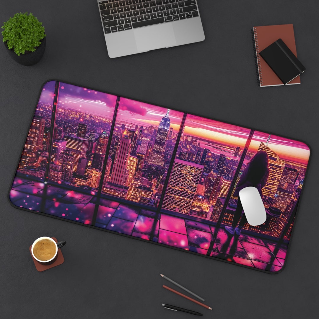 Purple Vaporwave Desk Mat, Retro Neon Cityscape Mouse Pad, Japanese ...