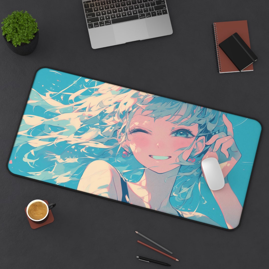Cute Anime Girl Desk Mat, Kawaii Manga Aesthetic Mouse Pad, Blue Pastel ...