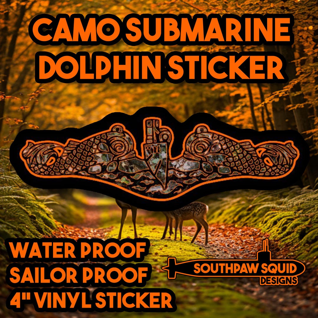Camo Submarine Dolphin 4" Vinyl Sticker, Gifts for Him, Hunting ...