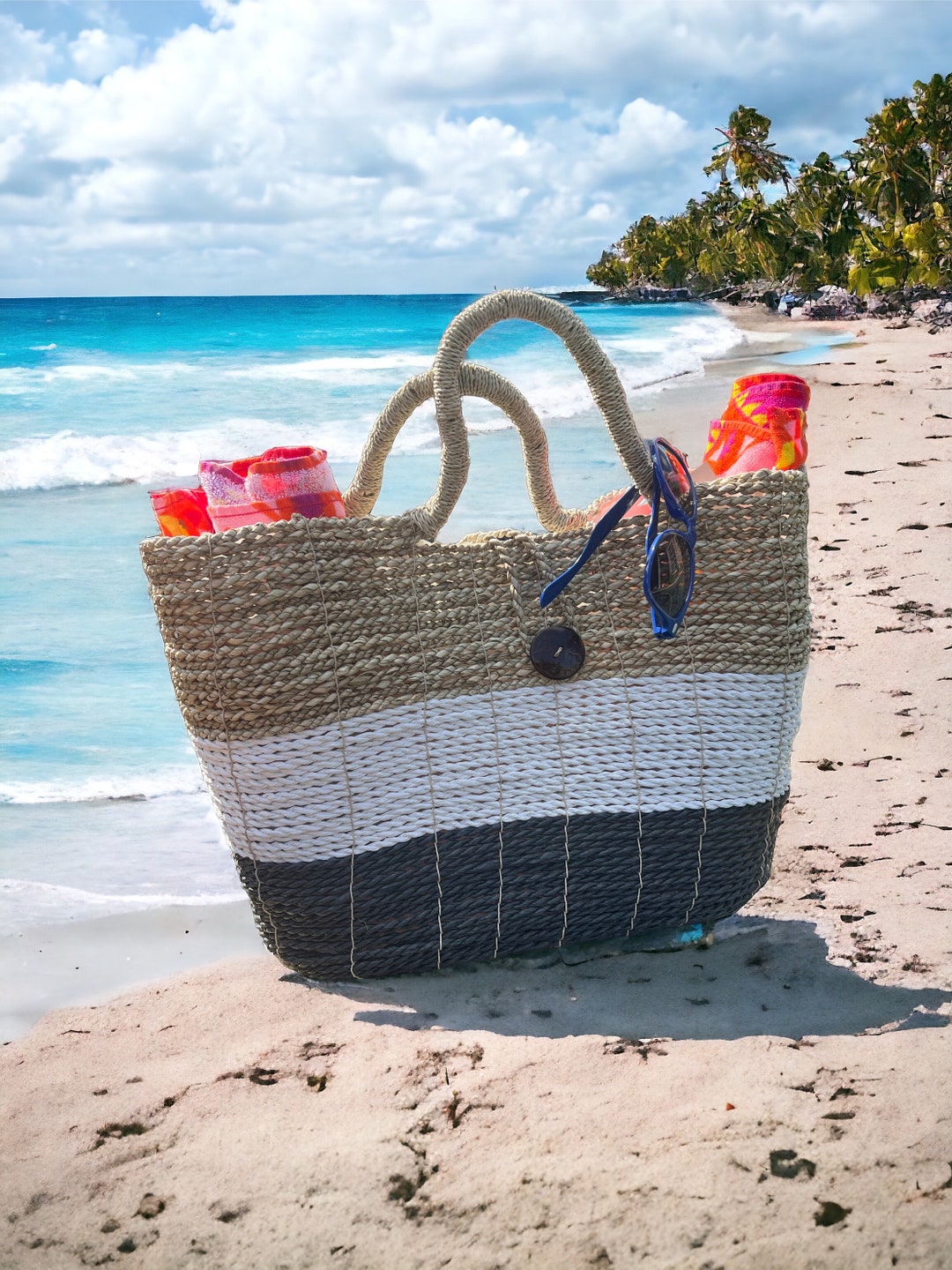 Seaside Serenity: Seagrass Large Beach/tote Handwoven Bag With Closure ...