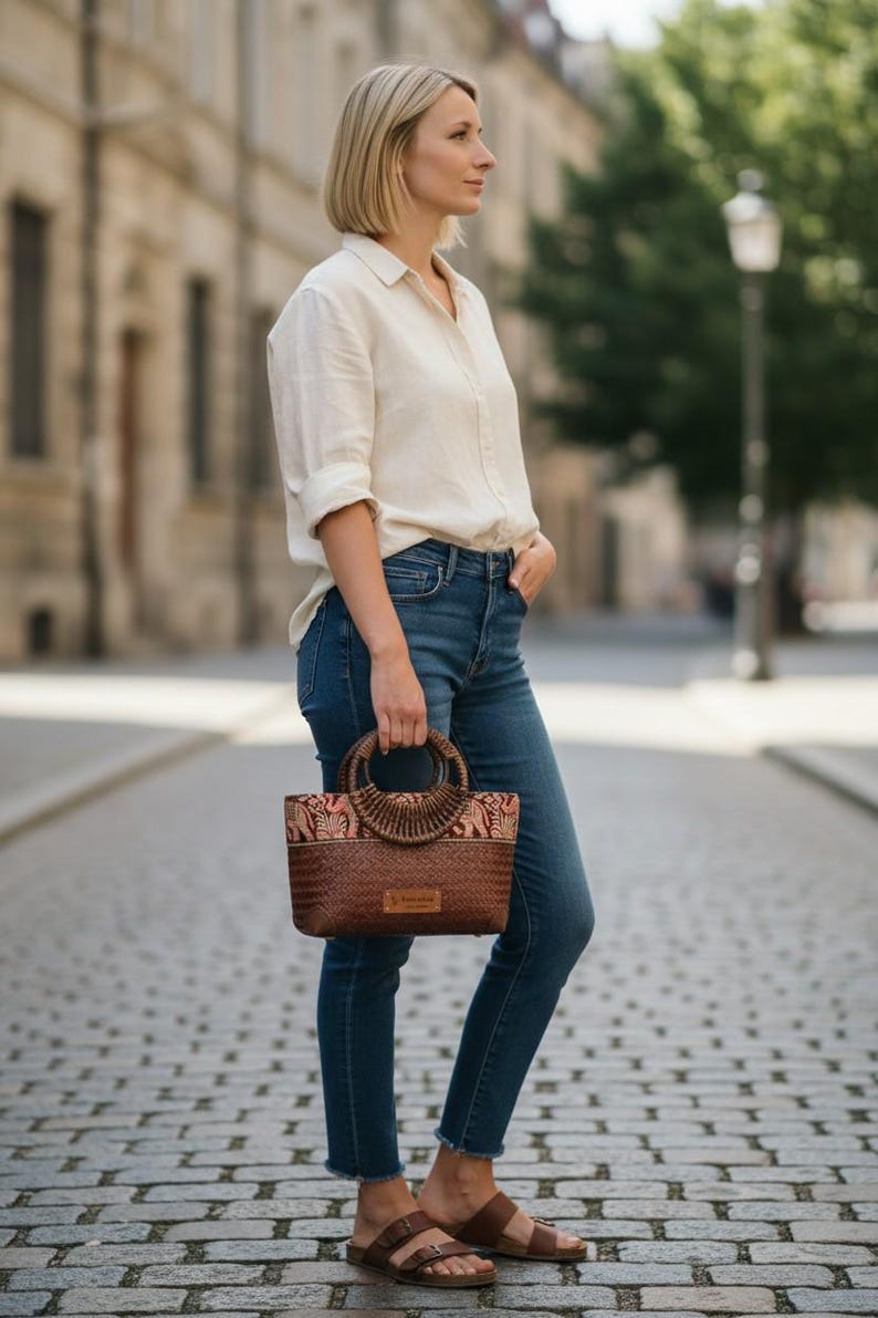 Handwoven Straw Market Tote | Thai Silk Accent, Rattan Handle, Zipper ...